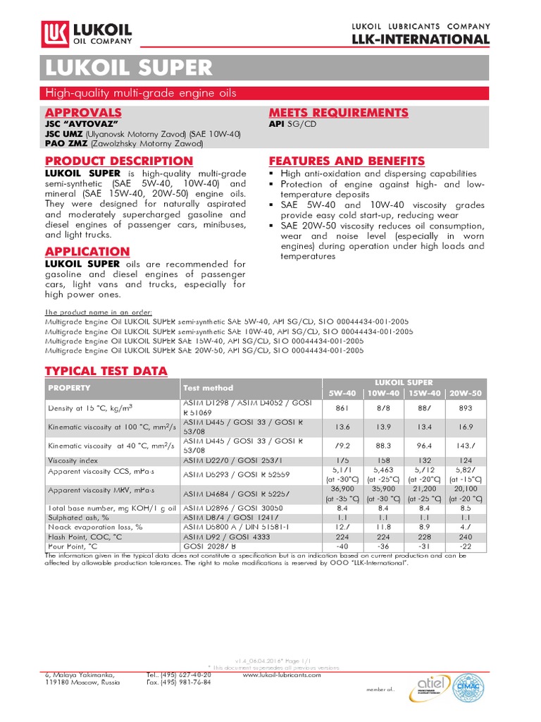 Tds Lukoil Super v.1.4 06.04.2016 Eng | PDF | Motor Oil | Chemical ...