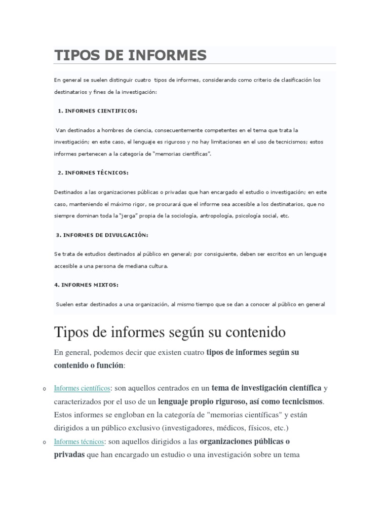 Tipos de Informes | PDF | Sicología | Información