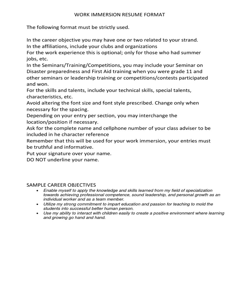 Work Immersion Resume Format | PDF | Leadership | Behavior Modification