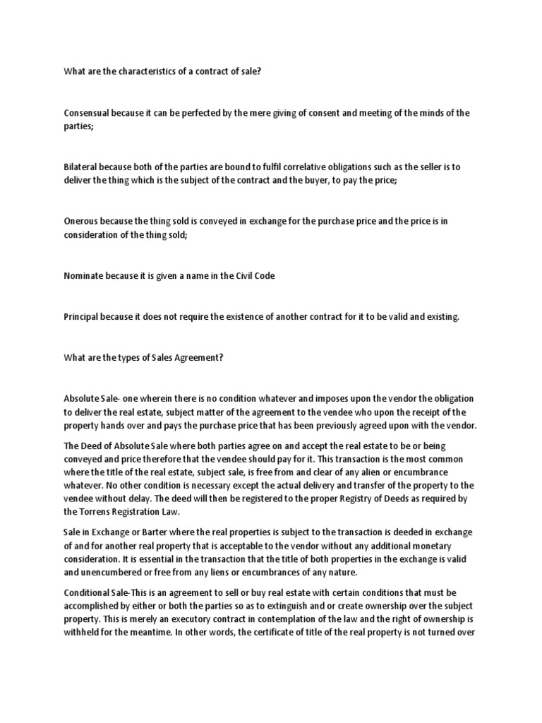 Characteristics of Contract of Sale | PDF | Deed | Real Property