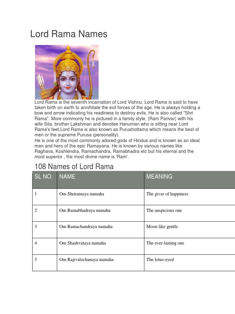 Lord Rama Names | PDF | Rama | Hindu Theology