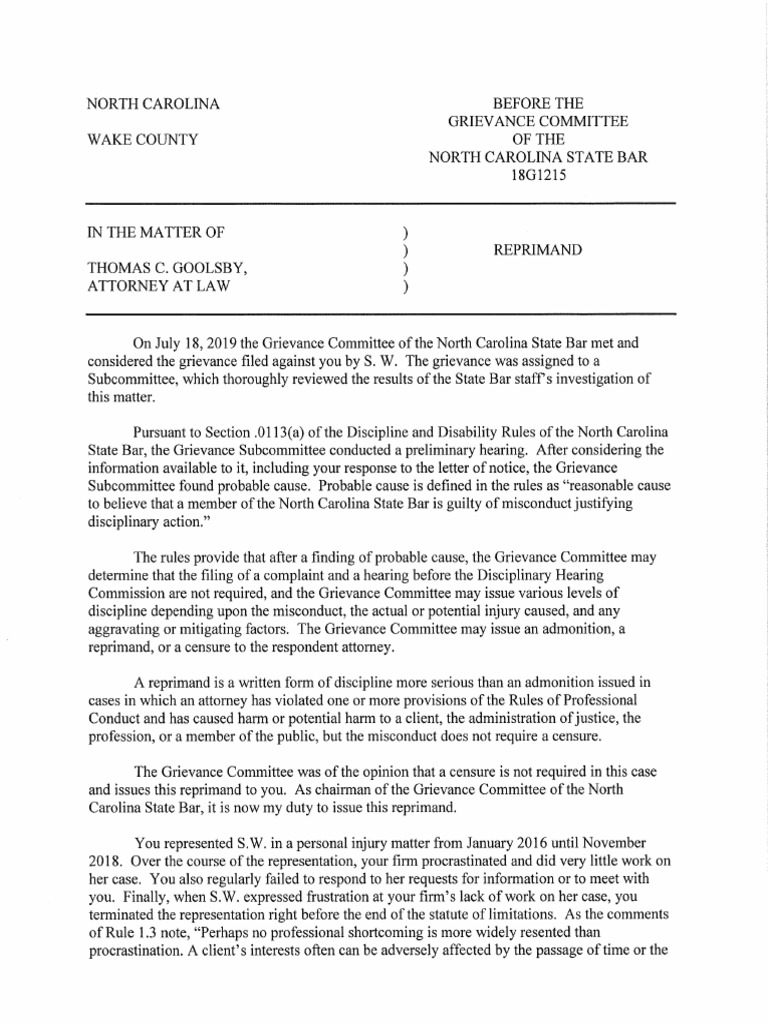 Goolsby Reprimanded by NC State Bar | PDF | Probable Cause | Lawyer