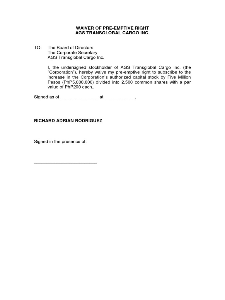 Waiver of Pre-Emptive Rights | PDF | Corporate Law | Financial Accounting