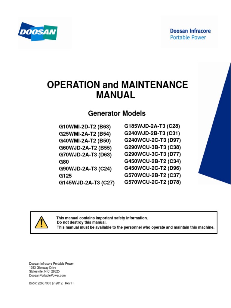 Doosan G185 G240 G290 G450 Operation and Maintenance Manual | PDF ...