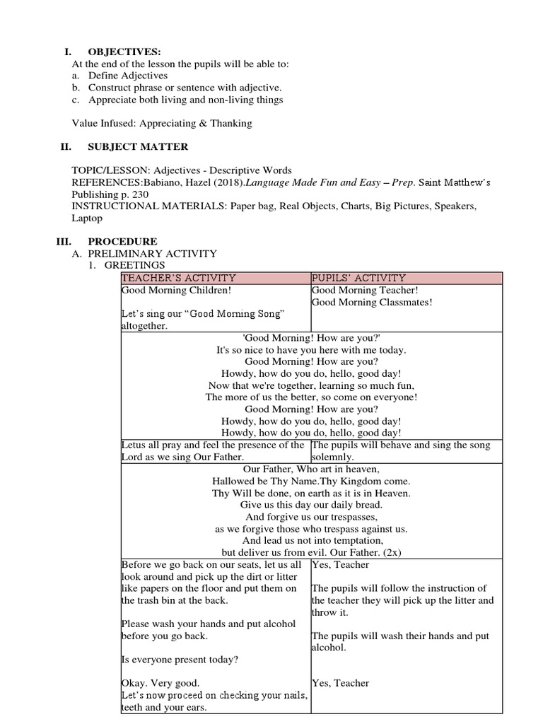 Detailed Lesson Plan - Adjectives | PDF | Lord's Prayer | Adjective