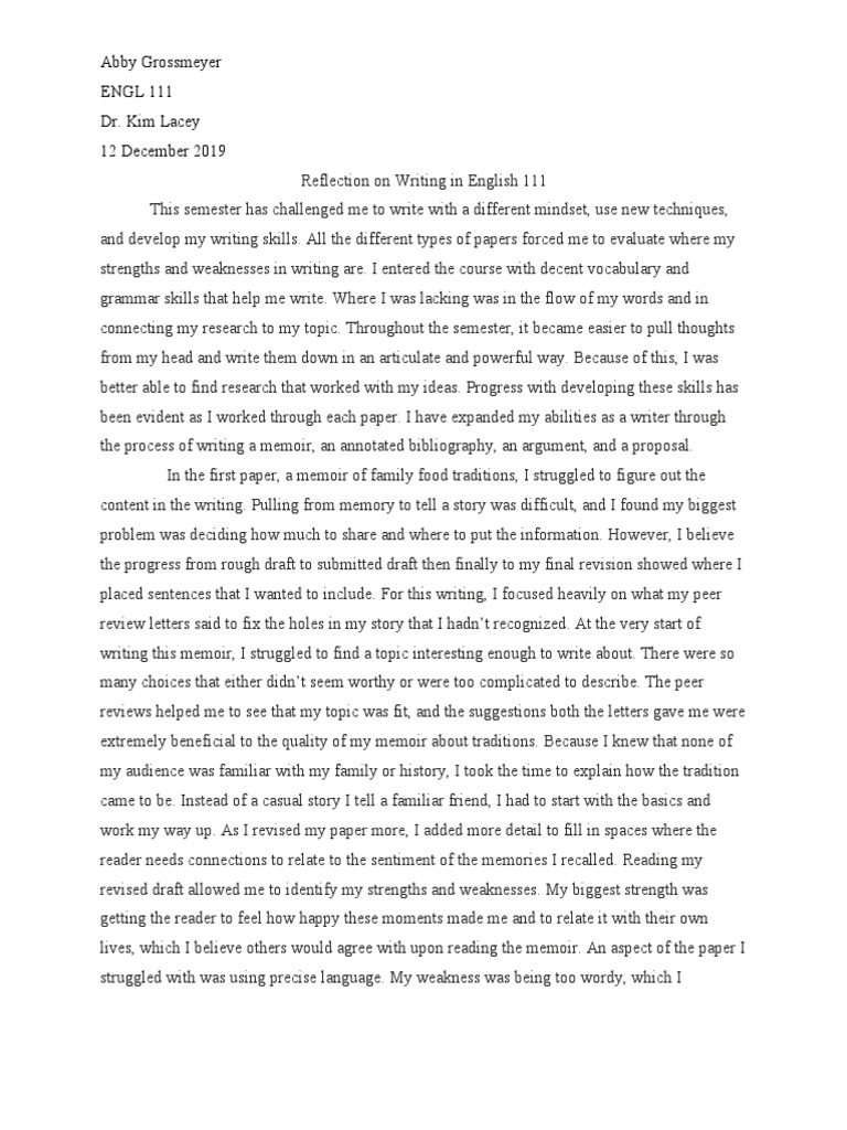 Reflection On Writing in English 111 | PDF | Reason | Argument