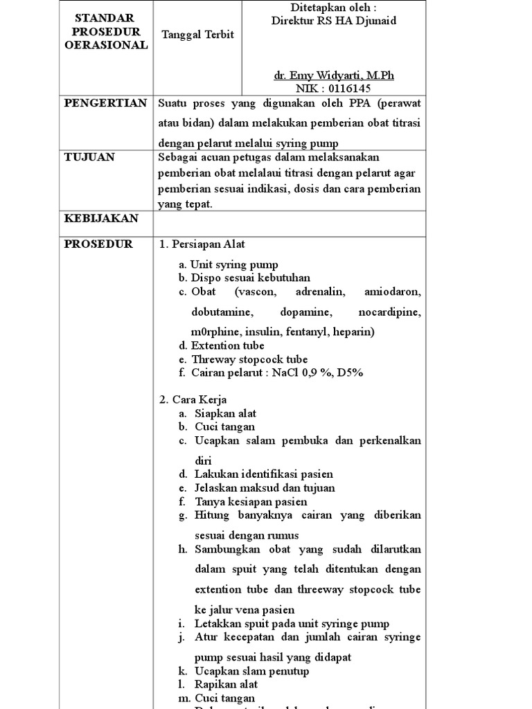 SOP Pemberian Obat Dengan Syringe Pump | PDF