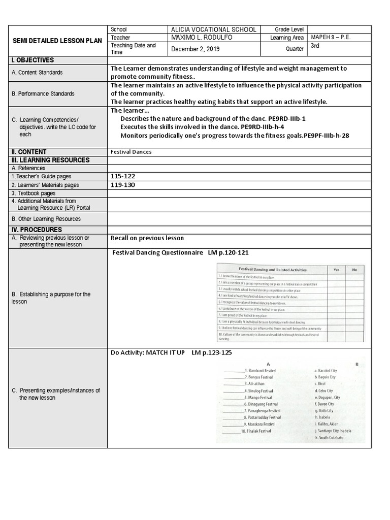 Semi Detailed Lesson Plan in Mapeh 9 | PDF | Lesson Plan | Learning