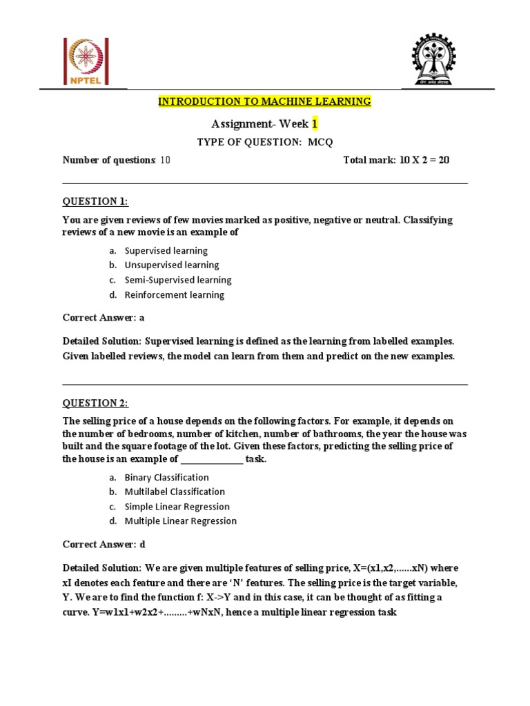 NPTEL ML Assignment Week1 | PDF | Cross Validation (Statistics ...