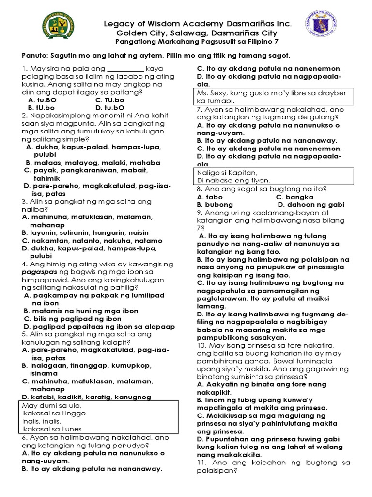 Pangatlong Markahang Pagsusulit Sa Filipino 7 | PDF