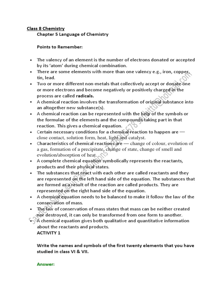 Class 8th Chemistry Icse Notes | PDF | Chemical Reactions | Oxide
