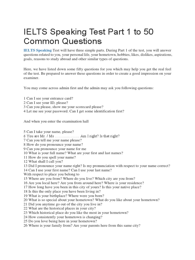 IELTS Speaking Test Part 1 To 50 Common Questions | PDF | Photograph ...