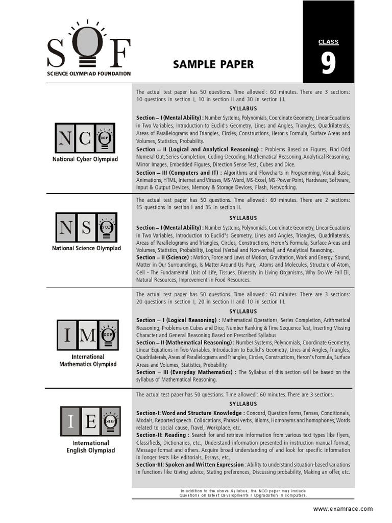 SOF Sample Paper Class 9 | PDF | Area | Optical Character Recognition