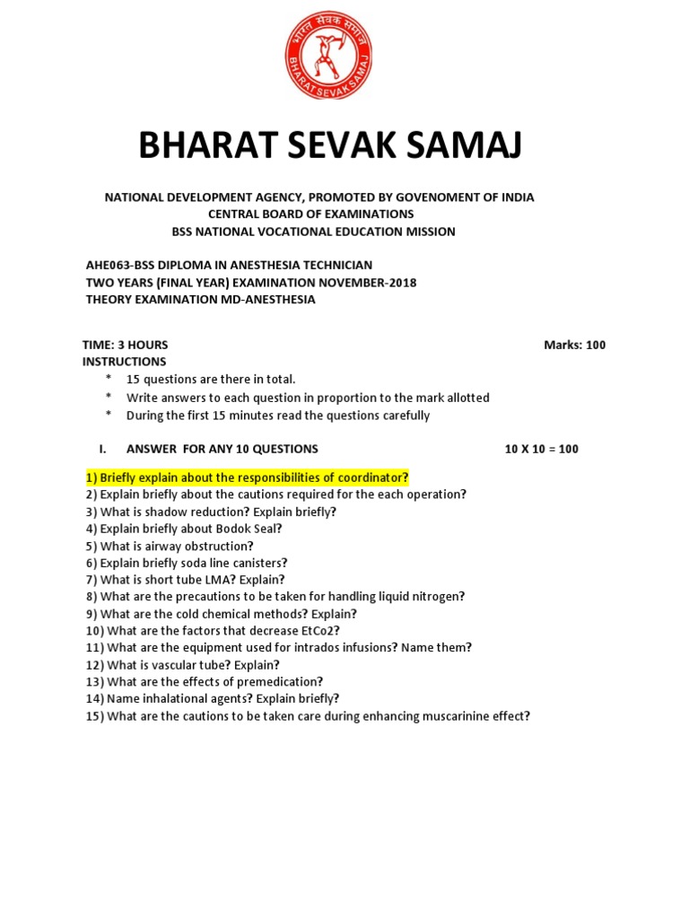 Final Exam for Anesthesia Technicians | PDF | Technology & Engineering