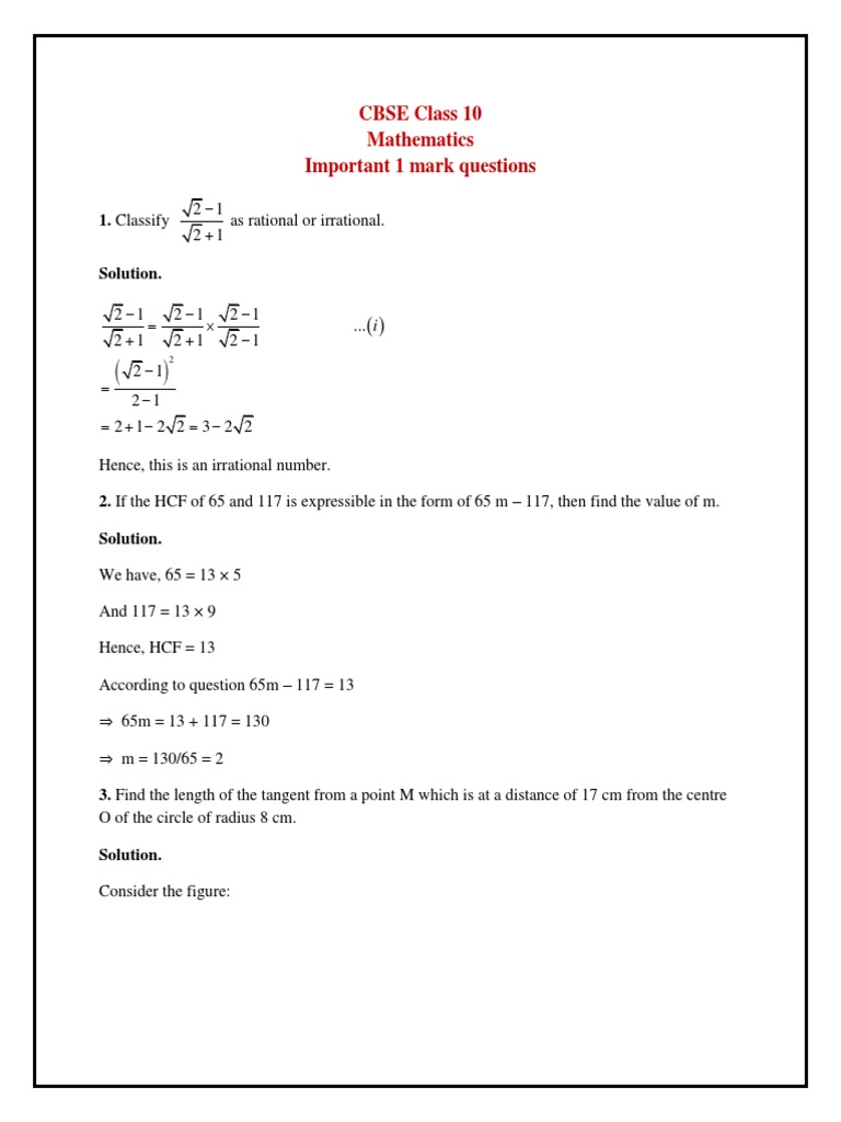 Cbse Class 10 Maths Important 1 Mark Questions PDF | PDF | Circle ...