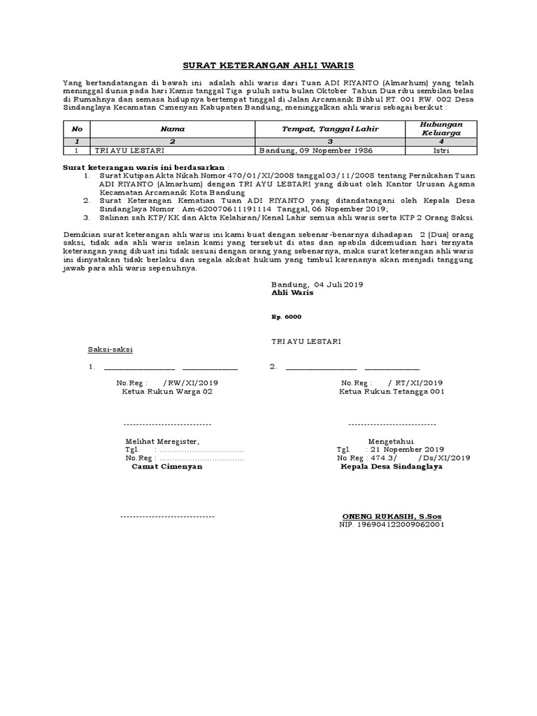 Surat Keterangan Ahli Waris Tuan Adi Riyanto | PDF