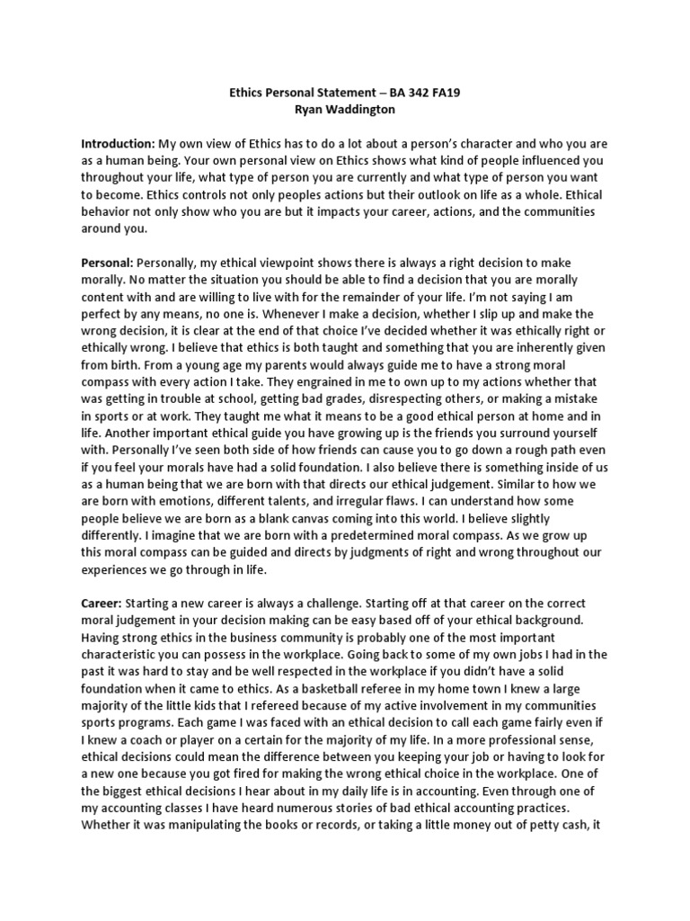 Ethics Personal Statement Ba 342 Fa19 1 | PDF | Morality | Stereotypes