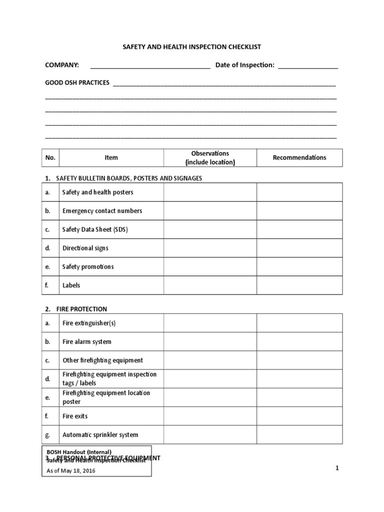 Safety and Health Inspection Checklist | PDF | Occupational Safety And ...