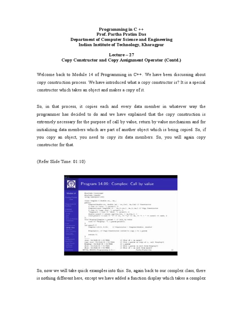 Lec 27 Module 14 - Copy Constructor and Copy Assignment Operator (Contd ... Lec 27 Module 14 - Copy Constructor and Copy Assignment Operator (Contd ...