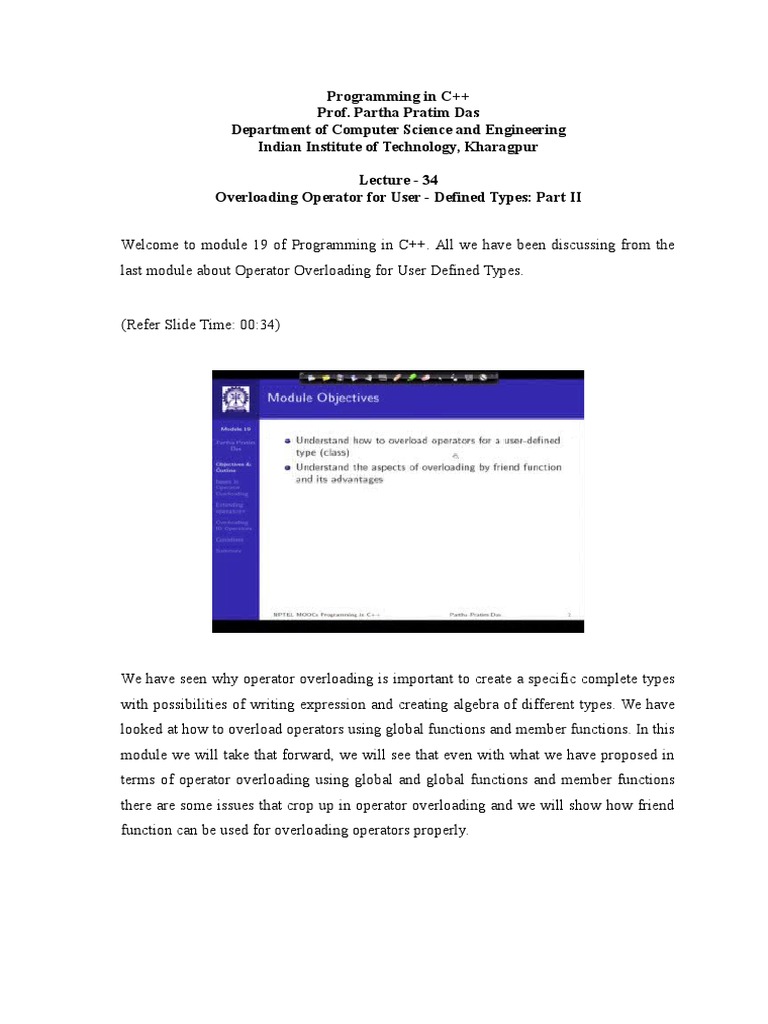 Lec 34 Module 19 - Overloading Operator For User Defined Types - Part - II (Lecture 34) PDF ...