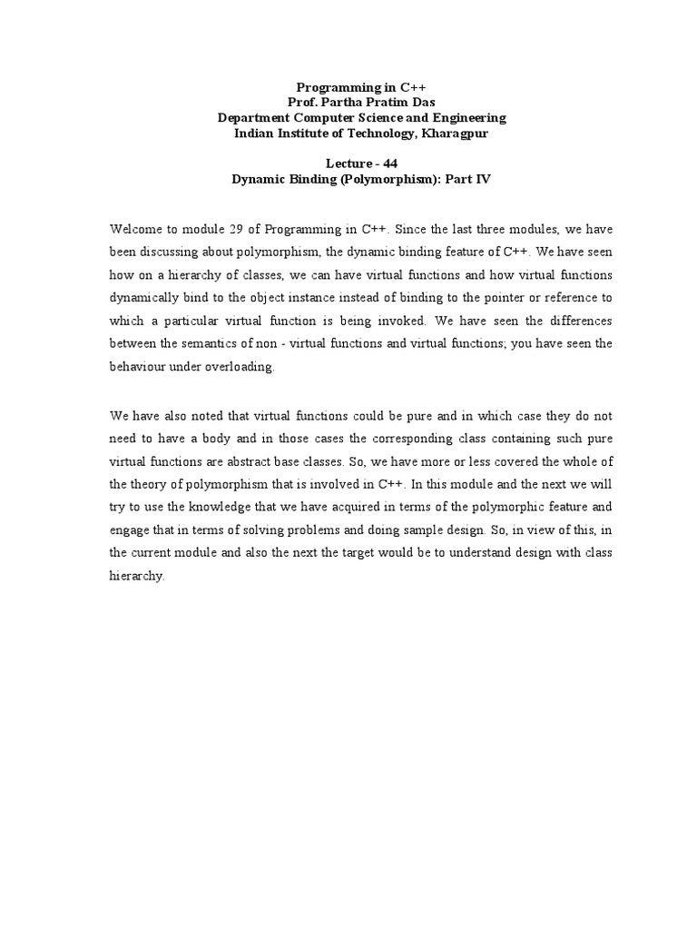 Lec 44 Module 29 Dynamic Binding Polymorphism Part Iv Lecture 44 Pdf Pdf Inheritance
