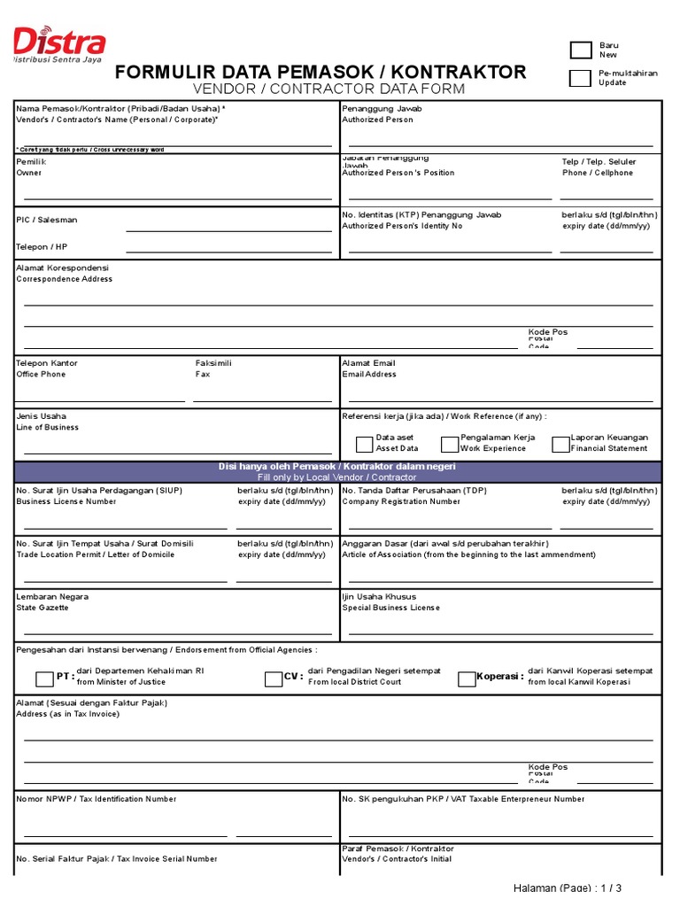 Formulir Data Pemasok or Kontraktor - Template V3 DSJ | PDF