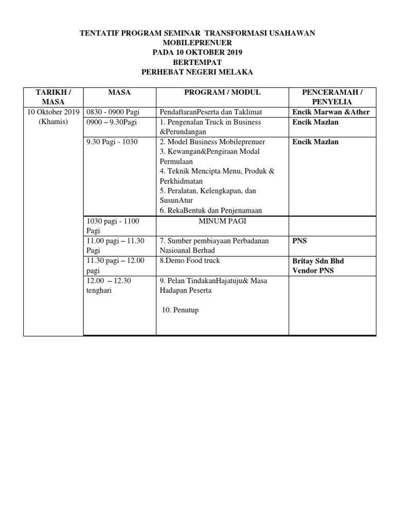 Tentatif Program Seminar Transformasi Usahawan Mobileprenuer Melaka | PDF