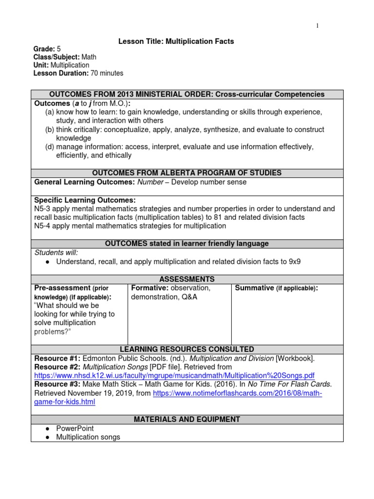 Lesson 2 - Multiplication Facts | PDF | Learning | Cognition