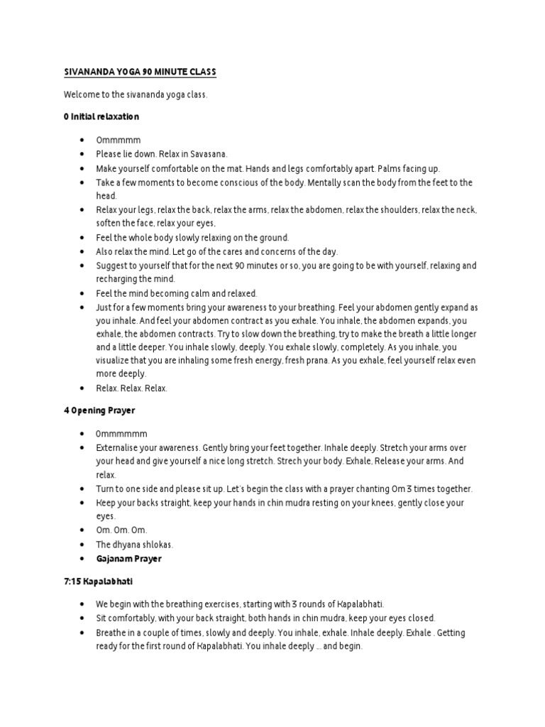 Sivananda Yoga 90 Minute Class PDF | PDF | Asana | Breathing