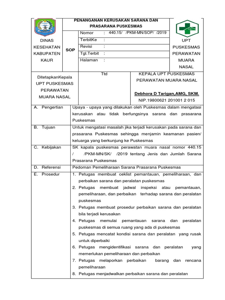 SOP Tentang Penanganan Kerusakan Sarana Dan Prasarana PKM | PDF