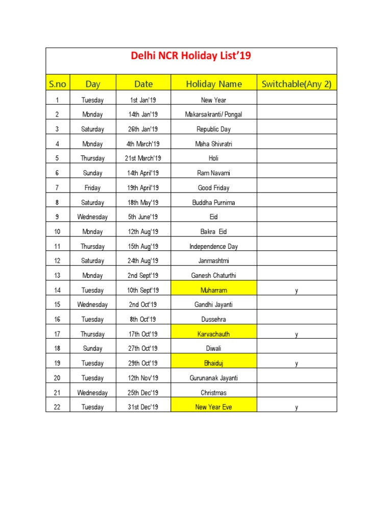 Holiday List-2019 (Delhi, Mumbai, Bangalore) | PDF | Observances | Holidays