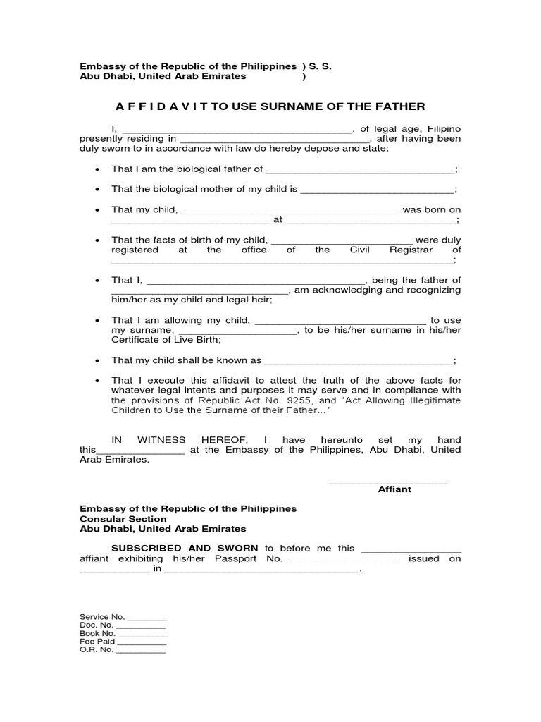Affidavit for Father's Surname Use | PDF | Affidavit | Civil Law ...
