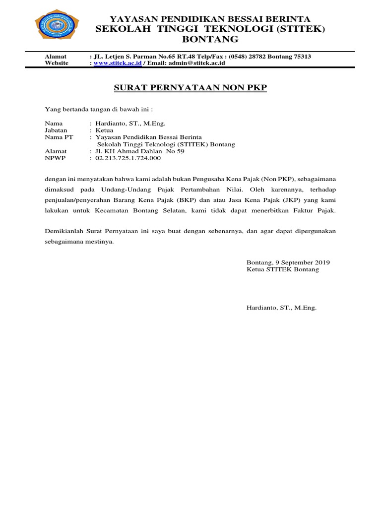Surat Pernyataan Non PKP | PDF | Pengelolaan Keuangan & Uang