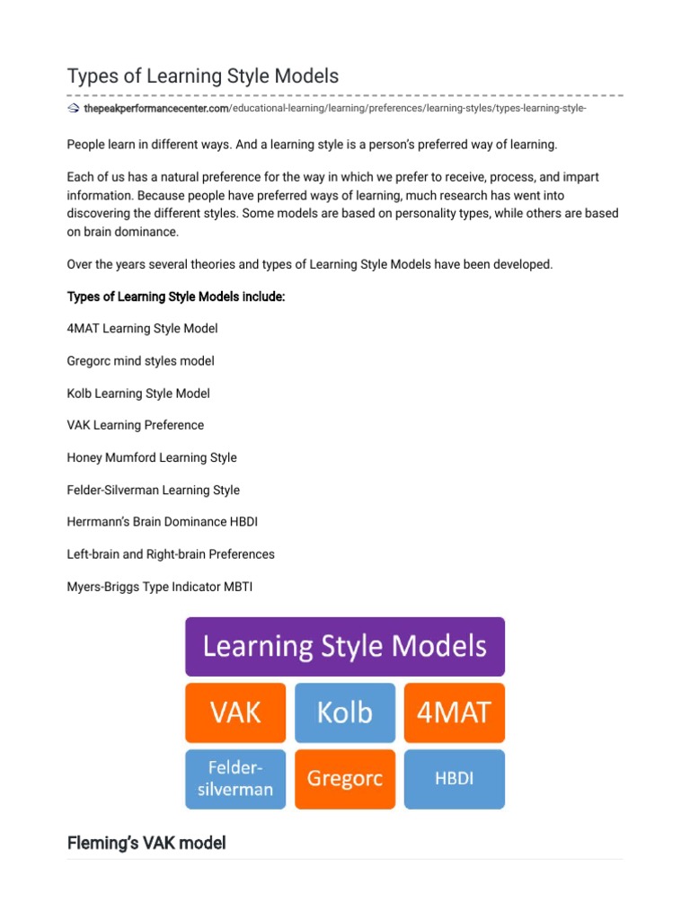 Types of Learning Style Models | Download Free PDF | Learning Styles ...