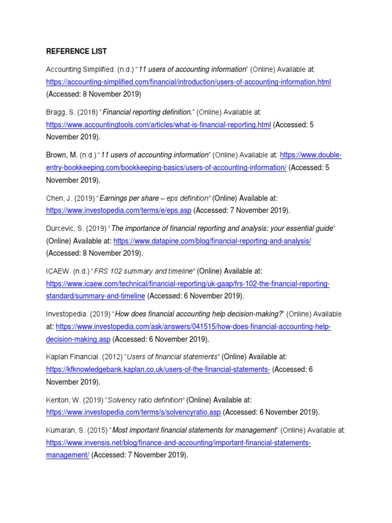 A Comprehensive Reference List of Sources on Key Accounting and ...