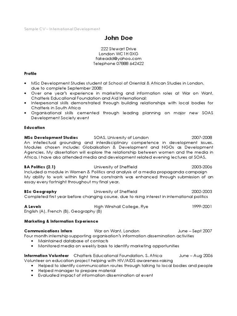 Sample CV - International Development - 2 | PDF | Communication | Cognition