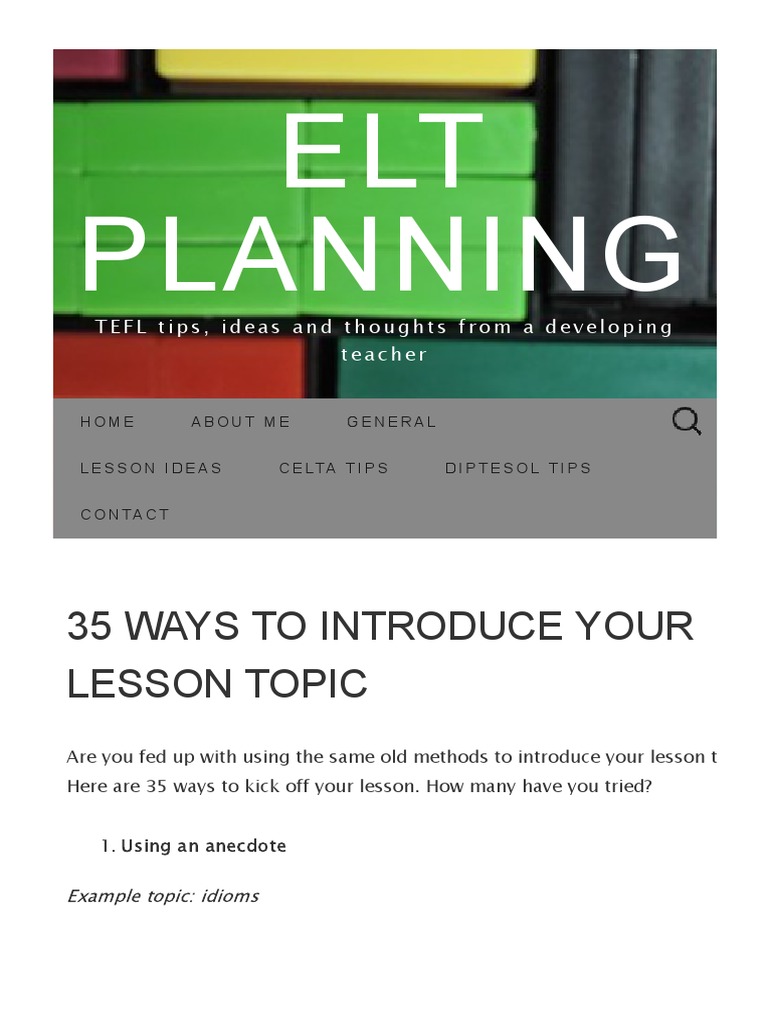 35 Ways To Introduce Your Lesson Topic - ELT Planning | PDF | English ...