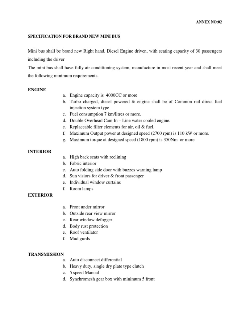 Specification For Mini Bus | PDF | Manual Transmission | Transmission ...