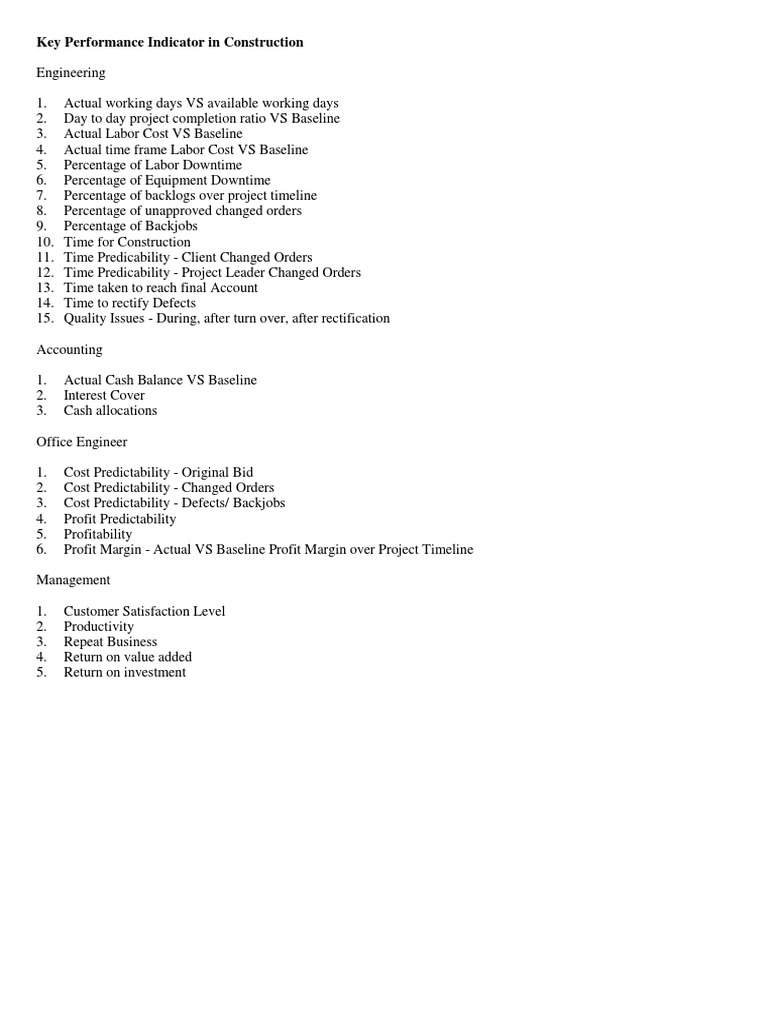 Key Performance Indicator in Construction | PDF | Performance Indicator ...