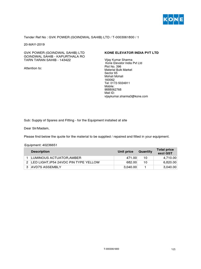 Quotation for Supply of Spares and Fitting Services for Elevator ...