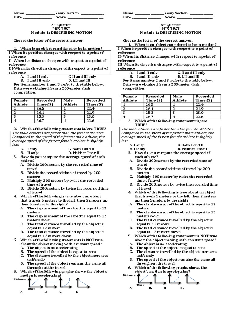 Pretest SCIENCE | PDF | Speed | Distance