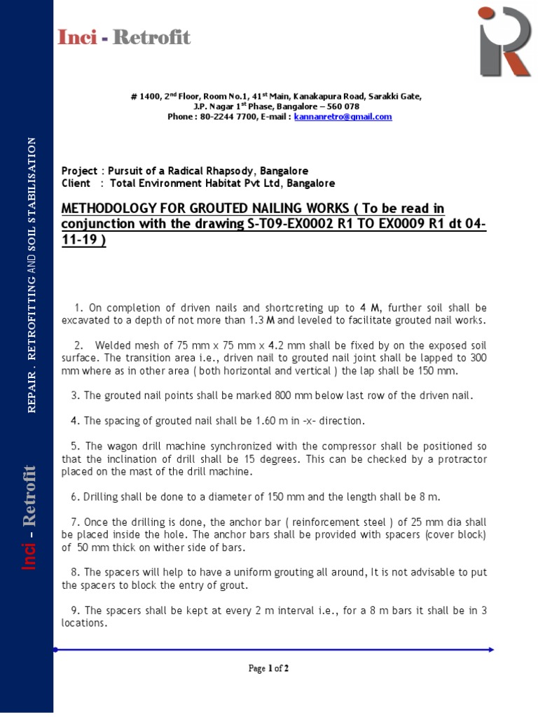 Method Statement R1 - Grouting Nailing | Download Free PDF | Concrete ...