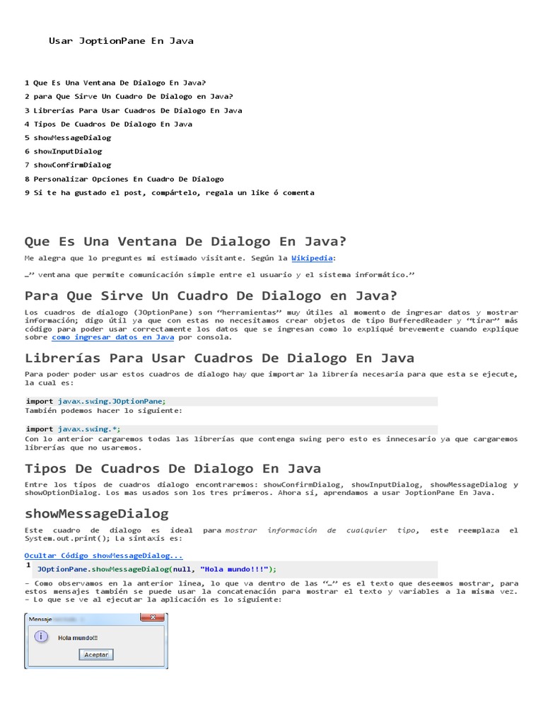 Usar JoptionPane en Java | PDF | Caja de diálogo | Java (lenguaje de ...
