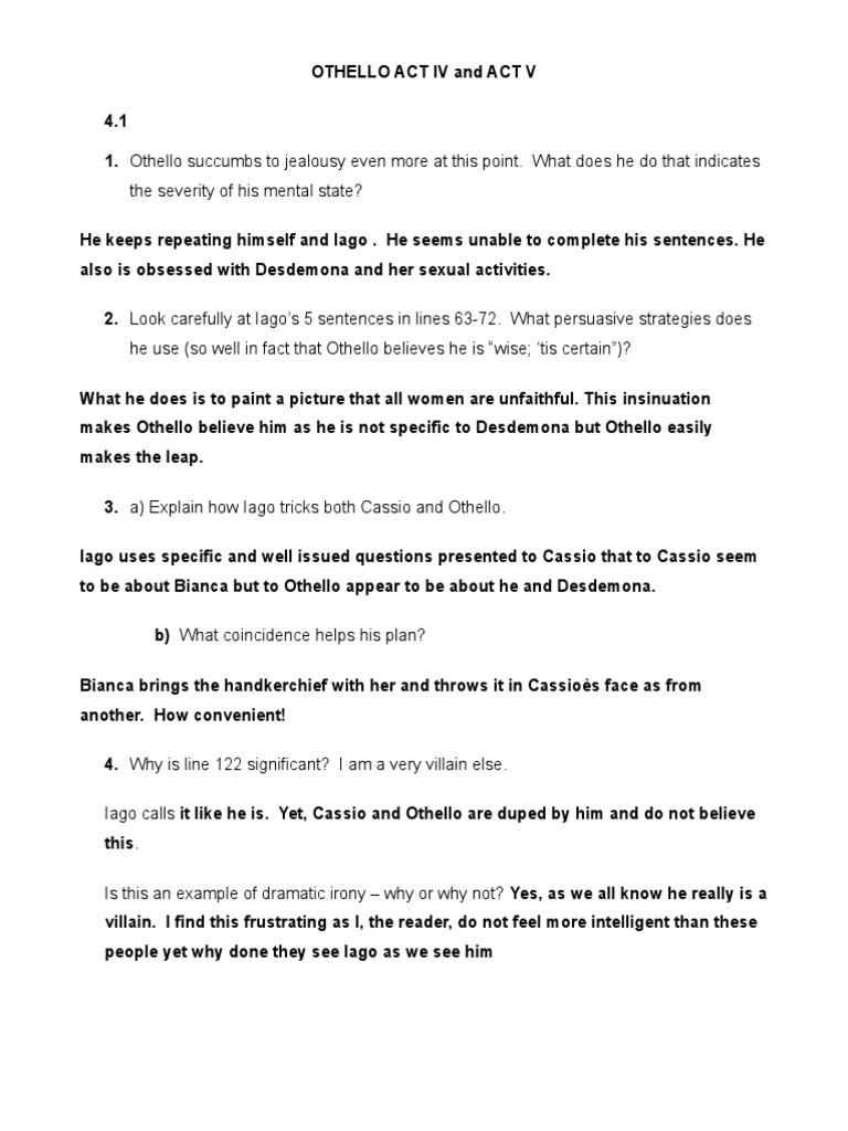 Othello Act IV & V Analysis Guide | PDF | Iago | Othello