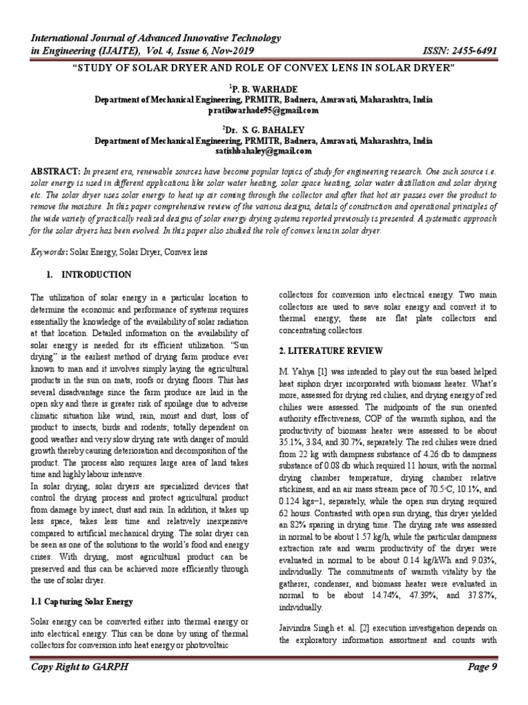 Study of Solar Dryer and Role of Convex Lens in Solar Dryer | PDF ...