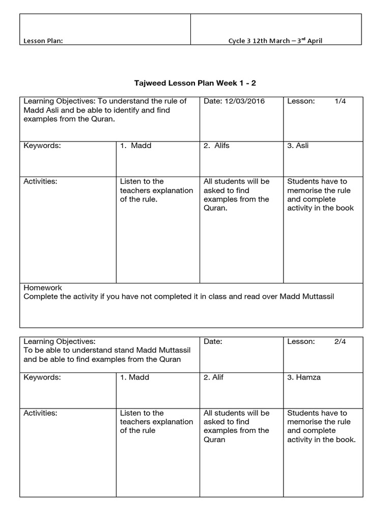 4 Week Lesson Plan | Download Free PDF | Lesson Plan | Education Theory