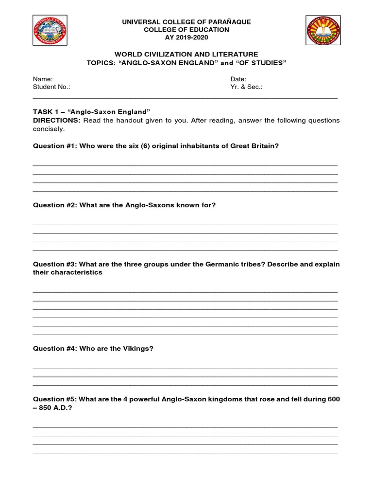 Anglo-Saxon England - of Studies Worksheet | PDF | Anglo Saxons
