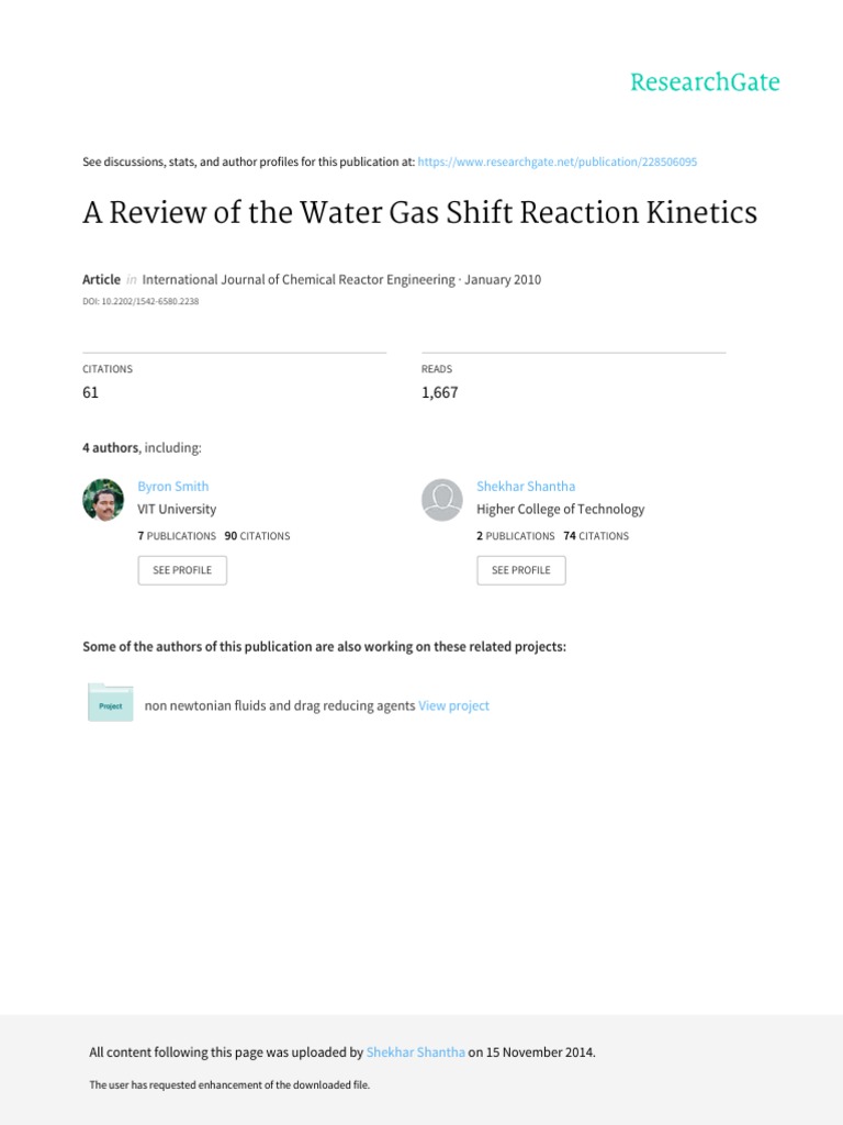 A Review of The Water Gas Shift Reaction Kinetics | PDF | Catalysis ...