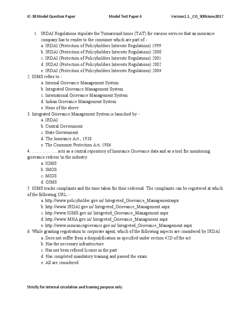 IC38 Model Question Paper # 4 | PDF | Deductible | Insurance