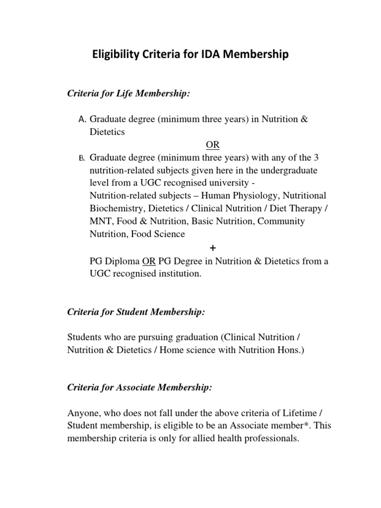 IDA Membership Eligibility Criteria | PDF | Wellness